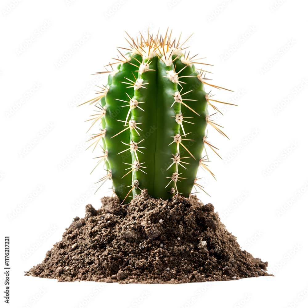 Cactus seedling with tiny spines growing in sandy soil isolated on ...