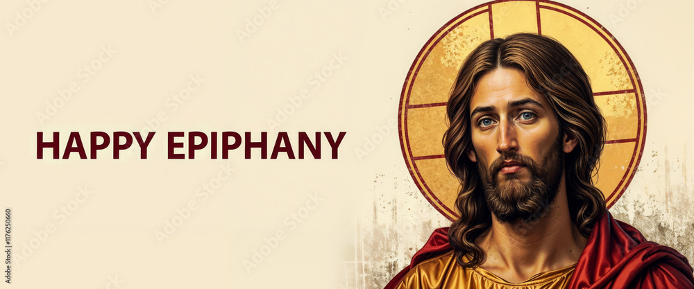 Jesus Christ with red cloak and halo, "Happy Epiphany" text.Hope, grace ...