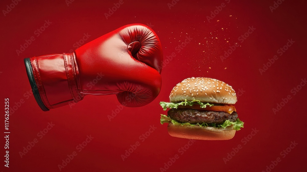Red boxing glove about to punch burger. Illustrates concepts of ...