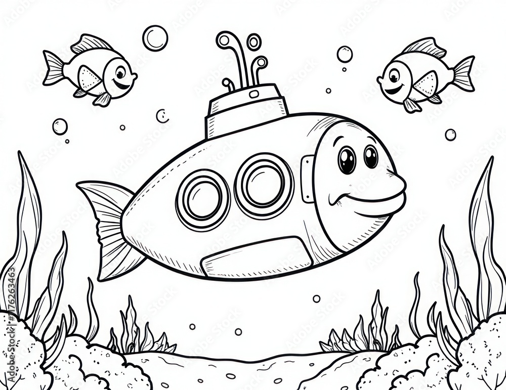 Cartoon Submarine and Fish Underwater Adventure Coloring Page. Ready to ...