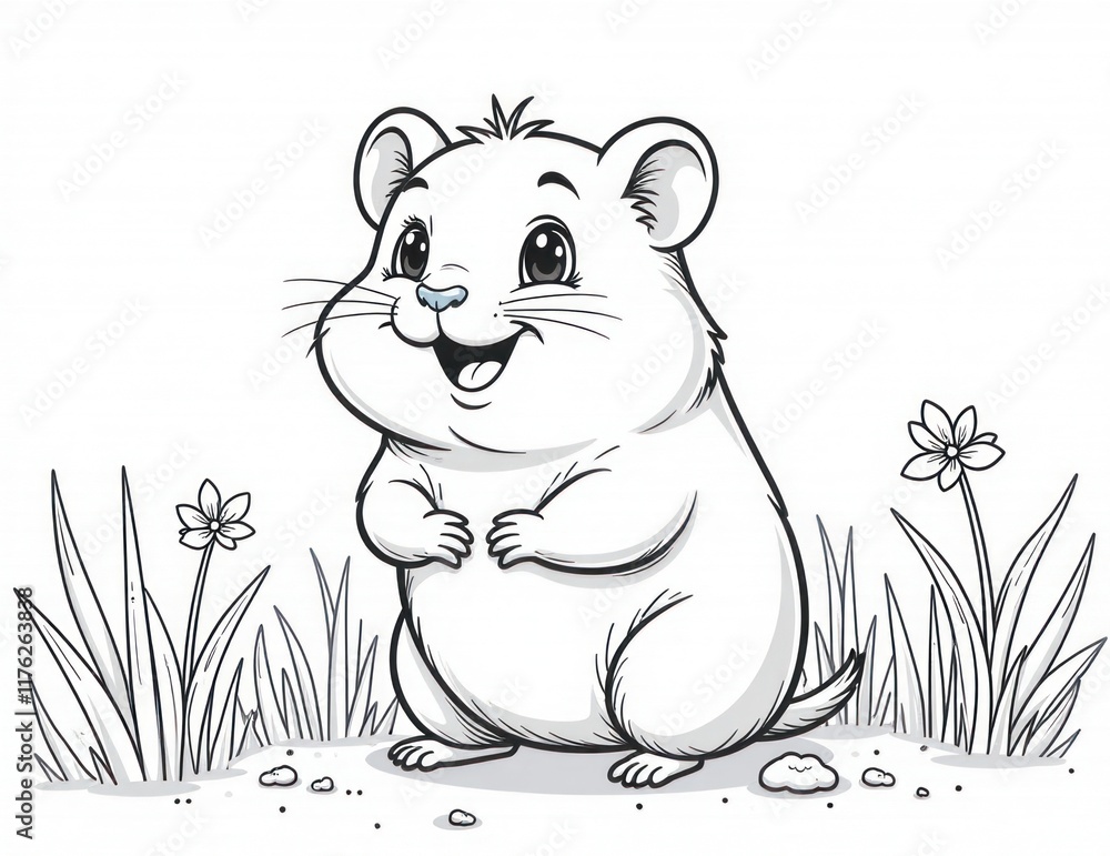 Cute Hamster Cartoon Hamster in Field. Black and White Coloring Page ...