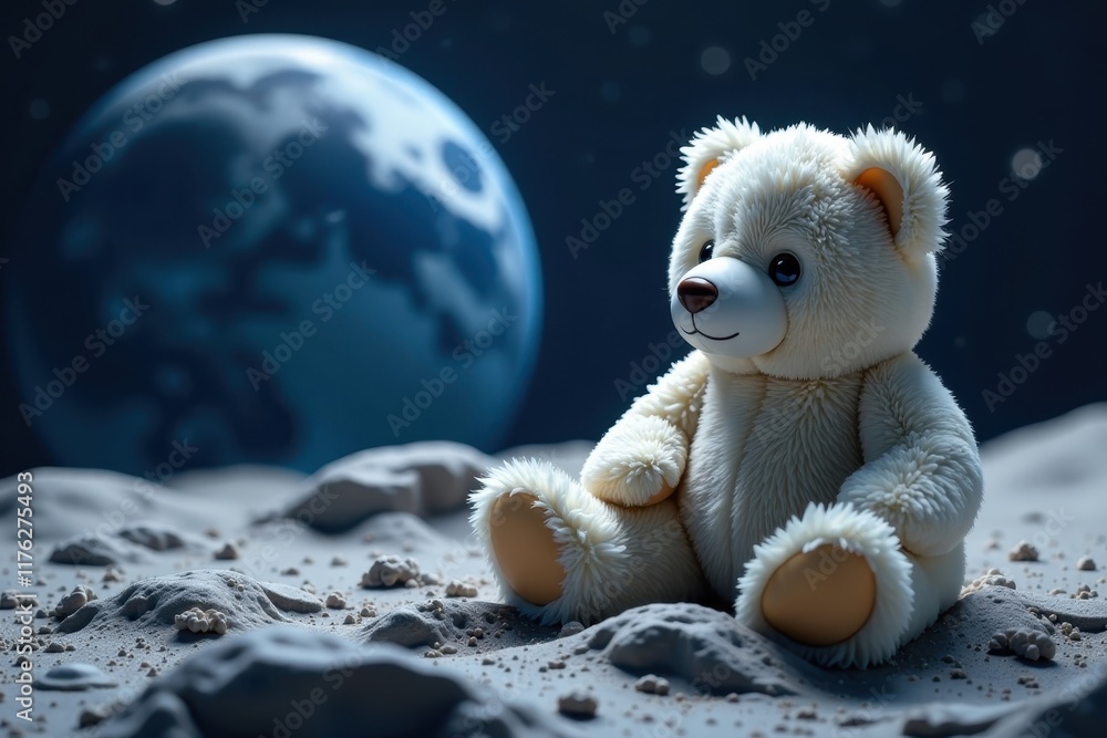 Fluffy lunar teddy bear sitting on moon surface with Earth in ...