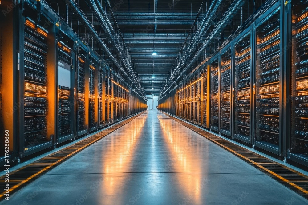 Rows of illuminated server racks fill a modern data center. Illustrates ...