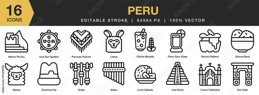 Peru icon set. Editable Stroke Icon Collection. Includes peru, peruvian ...