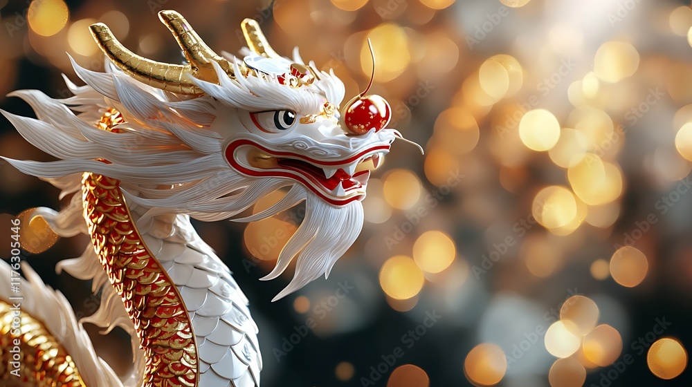 Vibrant dragon dance procession under a shower of glimmering golden ...