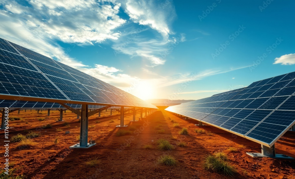 Solar panels, desert landscape, sunset, golden hour, renewable energy ...