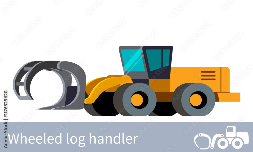 Forestry log handler front side view. Wheeled front loader minimalistic ...