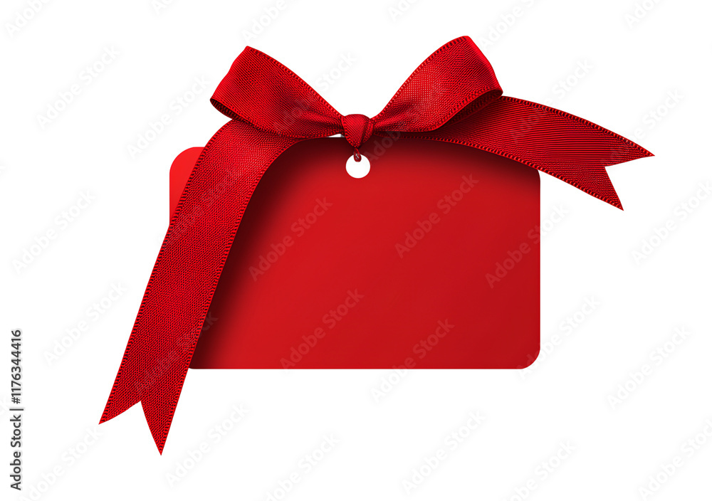 Red gift tag with ribbon and bow isolated on a transparent background ...