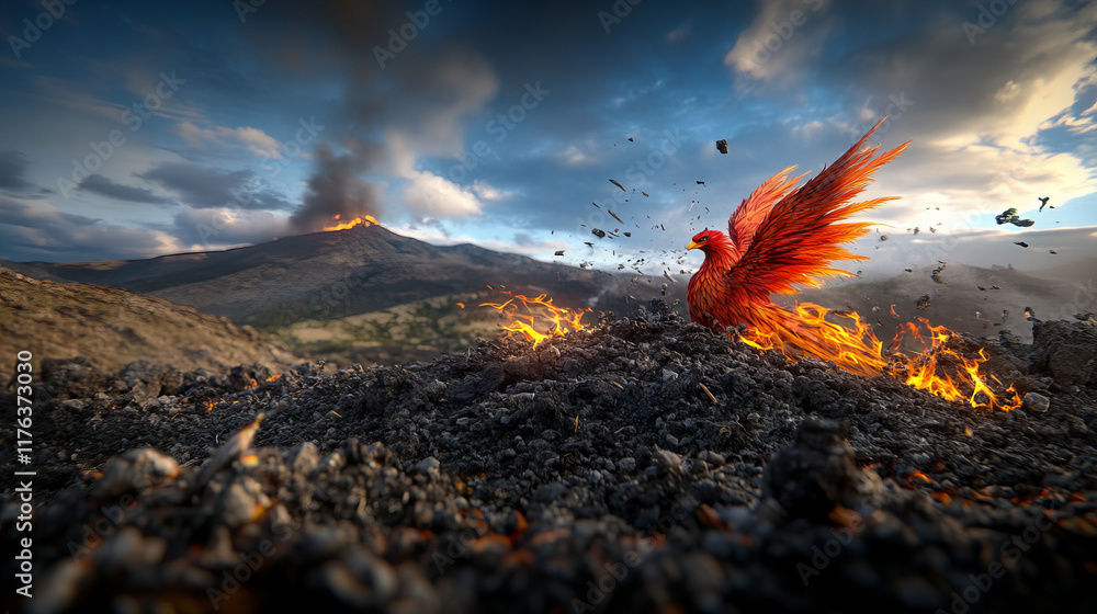Majestic phoenix rises from volcanic landscape, embodying rebirth and ...