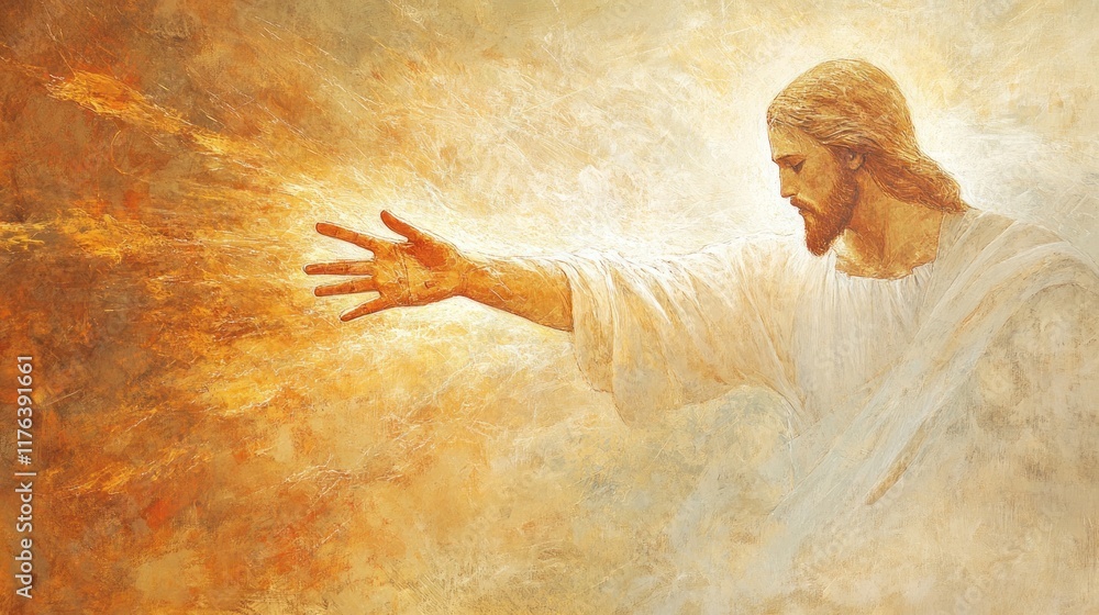 Bright and warm image of Jesus Christ hand reaching out, bathed in ...