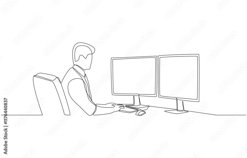 Continuous one line drawing of male office worker working with dual ...