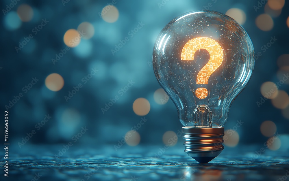 Futuristic lightbulb and question marks digital 3D rendering on a blue ...