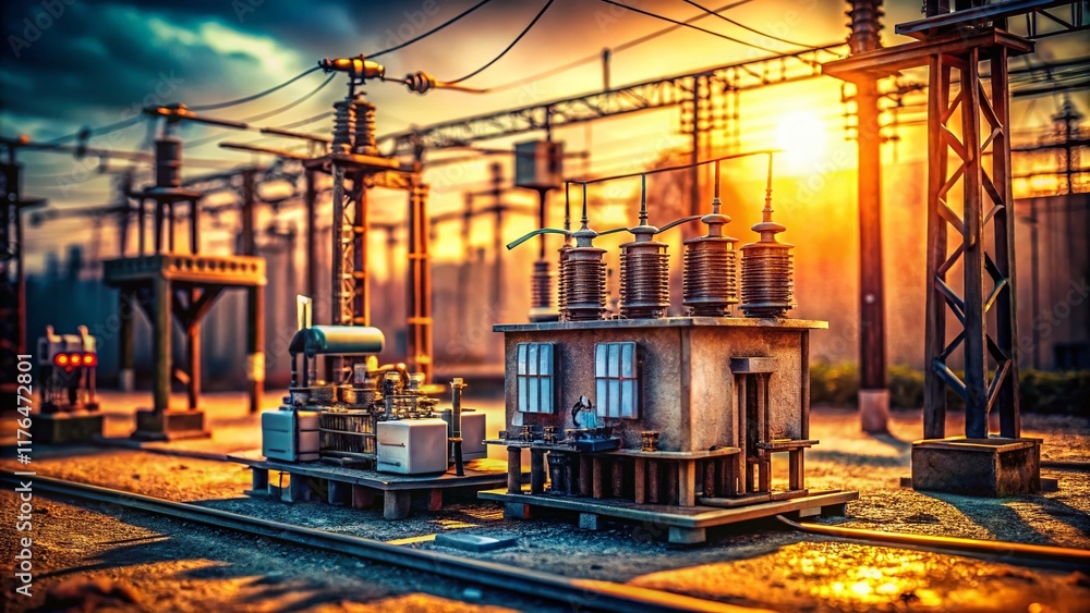 Vintage Industrial Power Substation: Tiny Transformers, Pylons & Cables ...