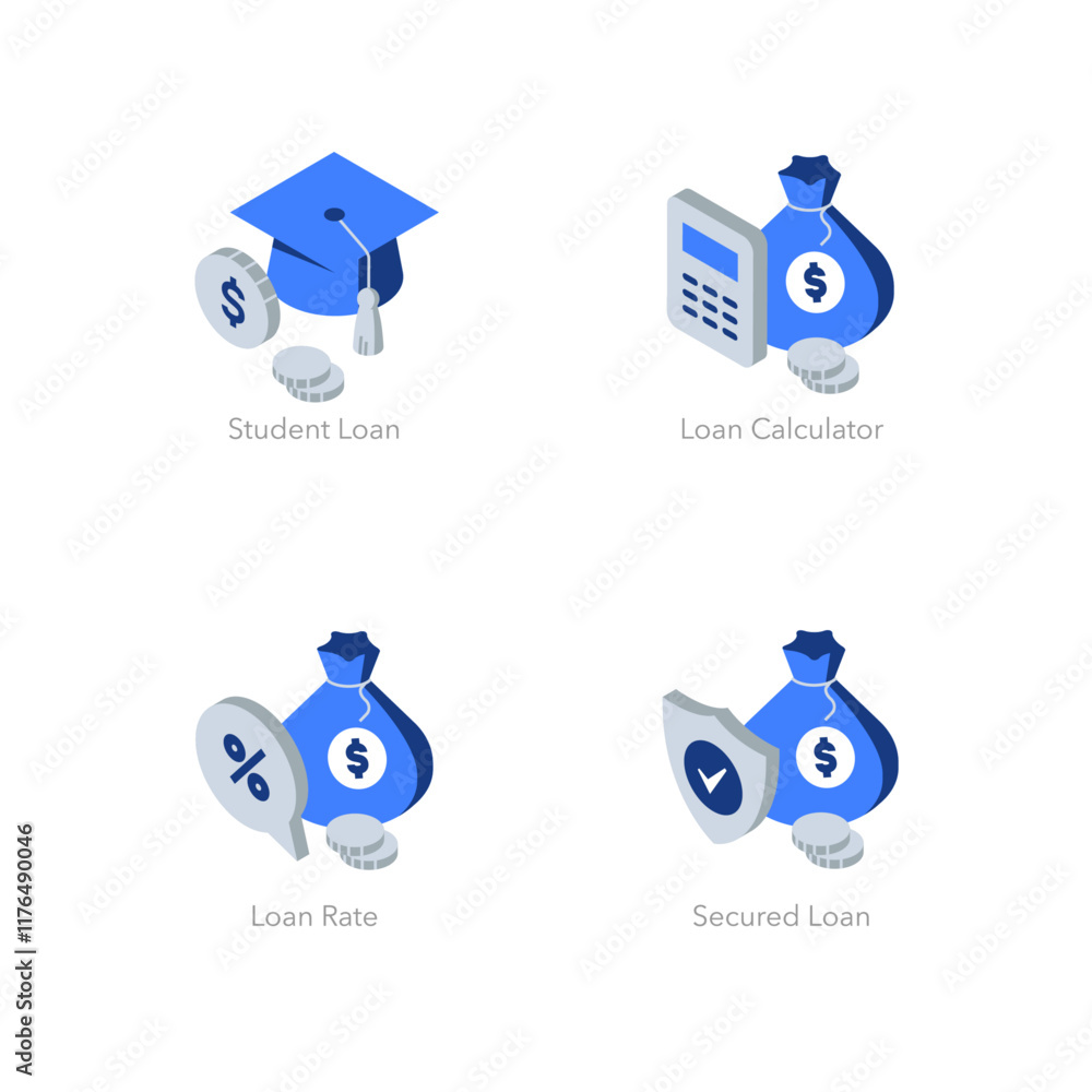 Simple set of isometric flat icons for finance 5. Contains four ...