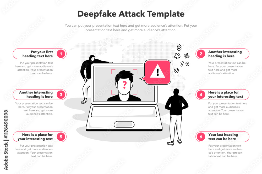 Simple infographic template for deepfake attack. 6 stages template with ...