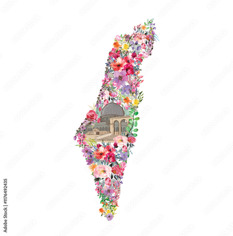Floral Palestine map with masjid al Aqsa in it vector illustration ...
