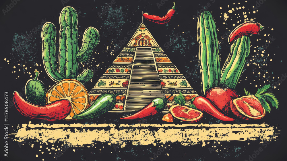 Mexican cuisine food icon with Aztecs or Maya ancient pyramid, cactus ...