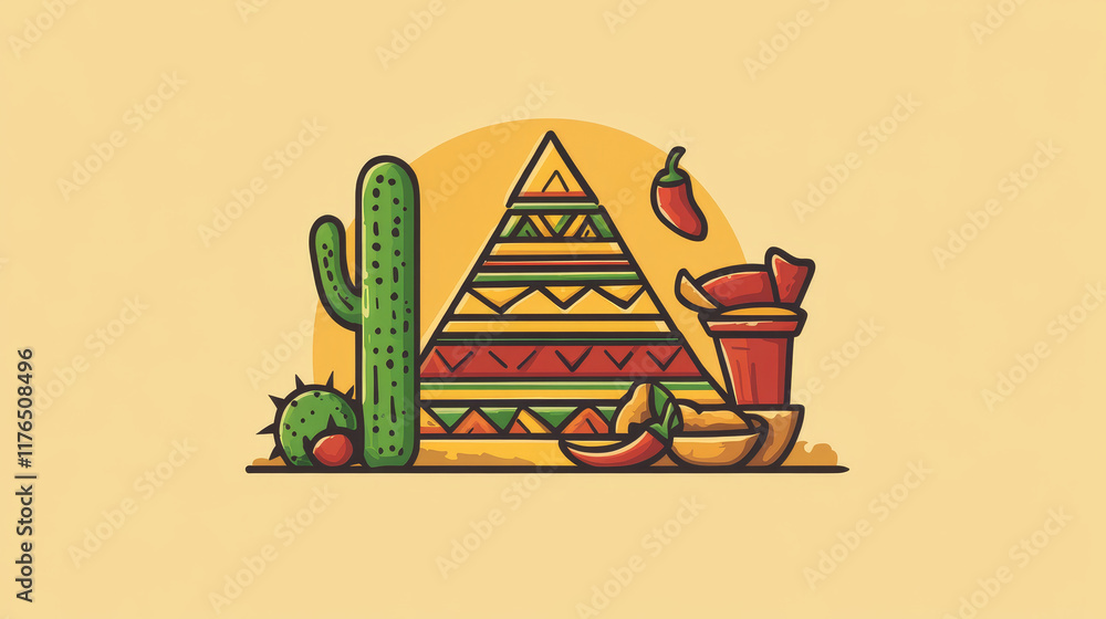 Mexican cuisine food icon with Aztecs or Maya ancient pyramid, cactus ...