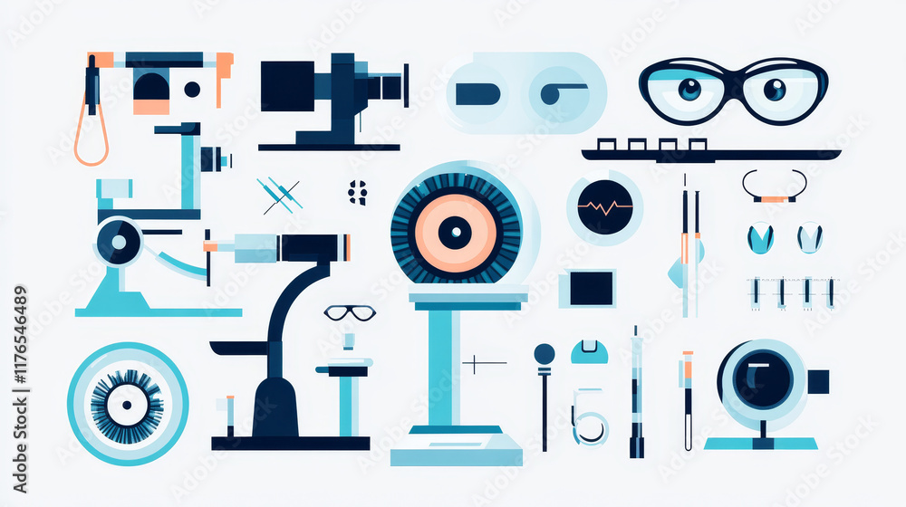 Optometry icons, eye laser surgery, phoropter and ophthalmology ...