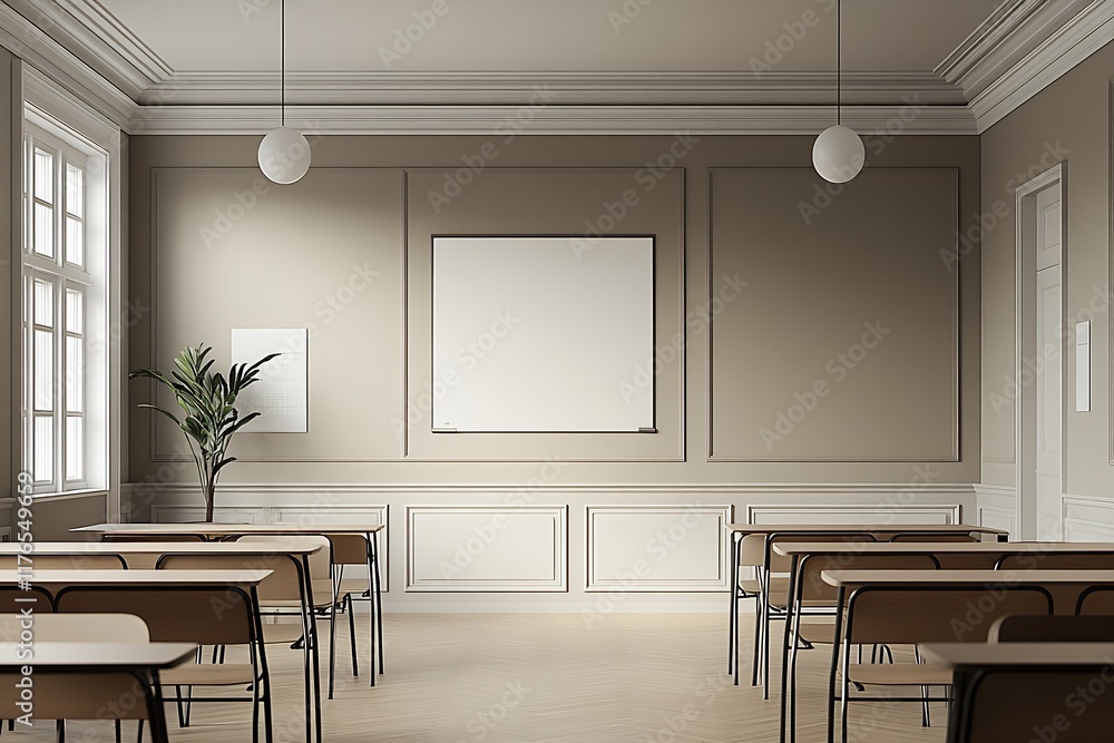 Modern Educational Classroom with Whiteboard and Wooden Desks for ...