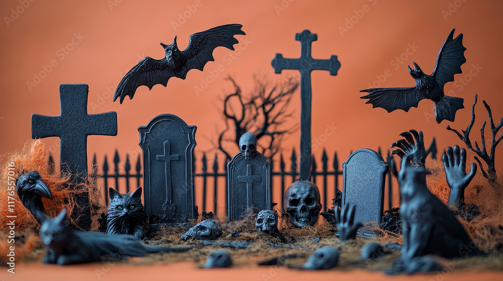 Halloween frame border and divider with black silhouettes of tombstone ...