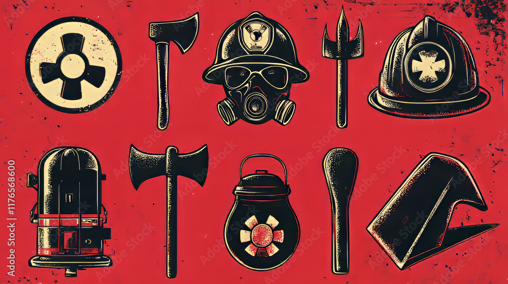 Firefighting icons, heraldic symbols, vector protective helmet and gas ...