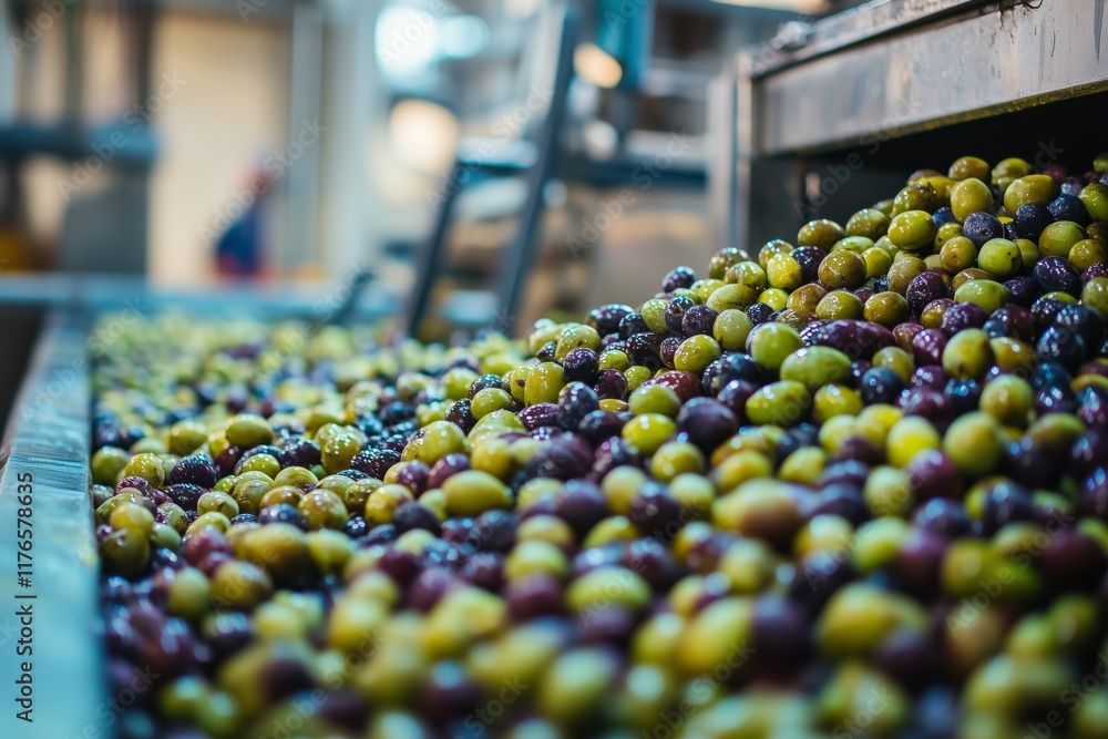 Freshly picked olives are being processed in a modern olive oil factory ...