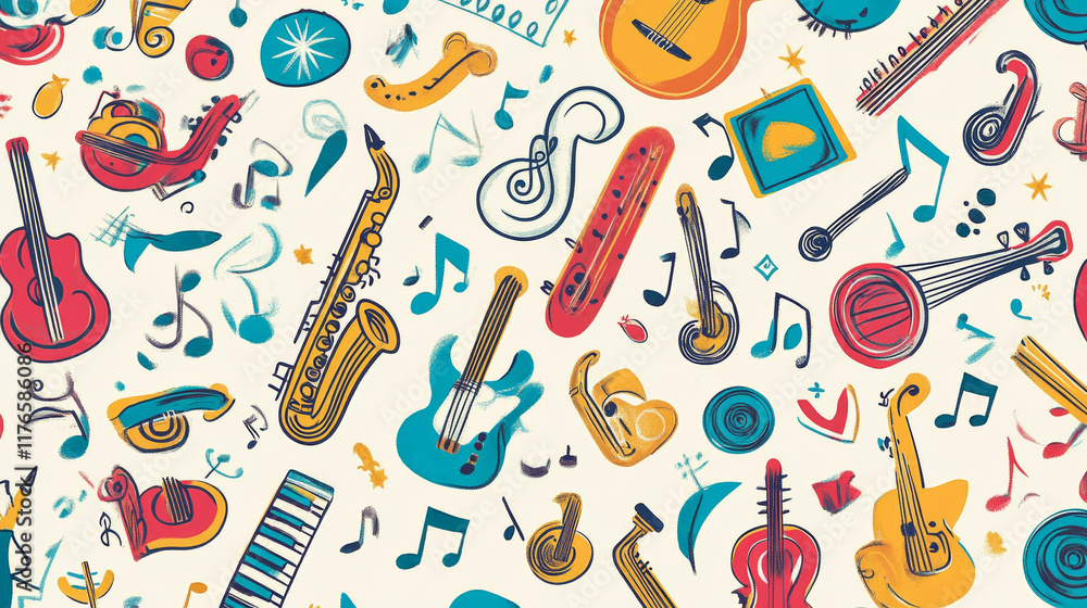 Musical instruments and notes seamless pattern with vector music icons ...