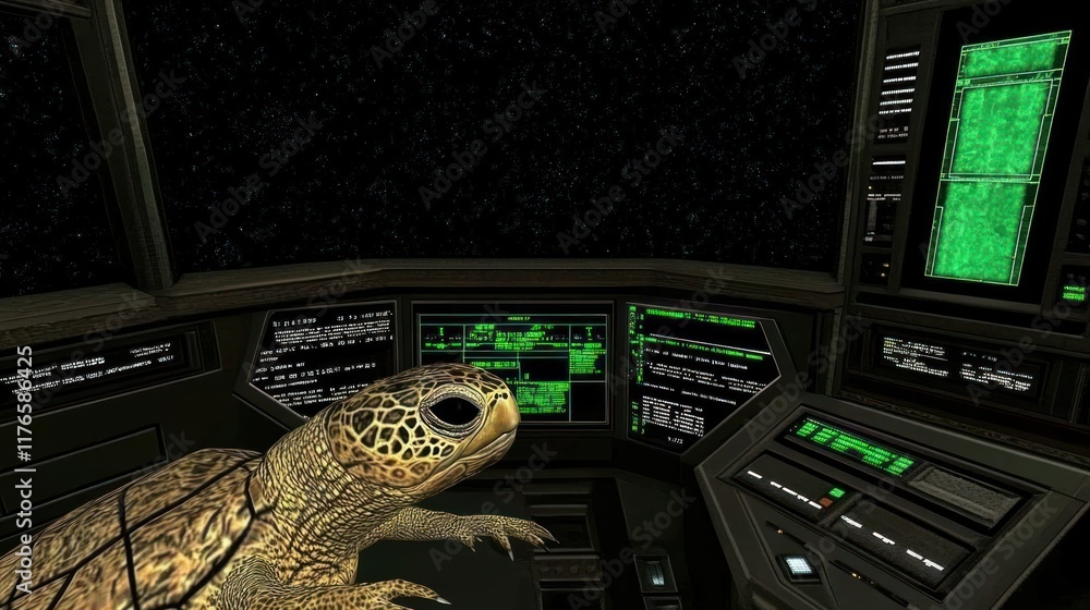 Turtle pilot in a futuristic spaceship cockpit. Stock Illustration ...