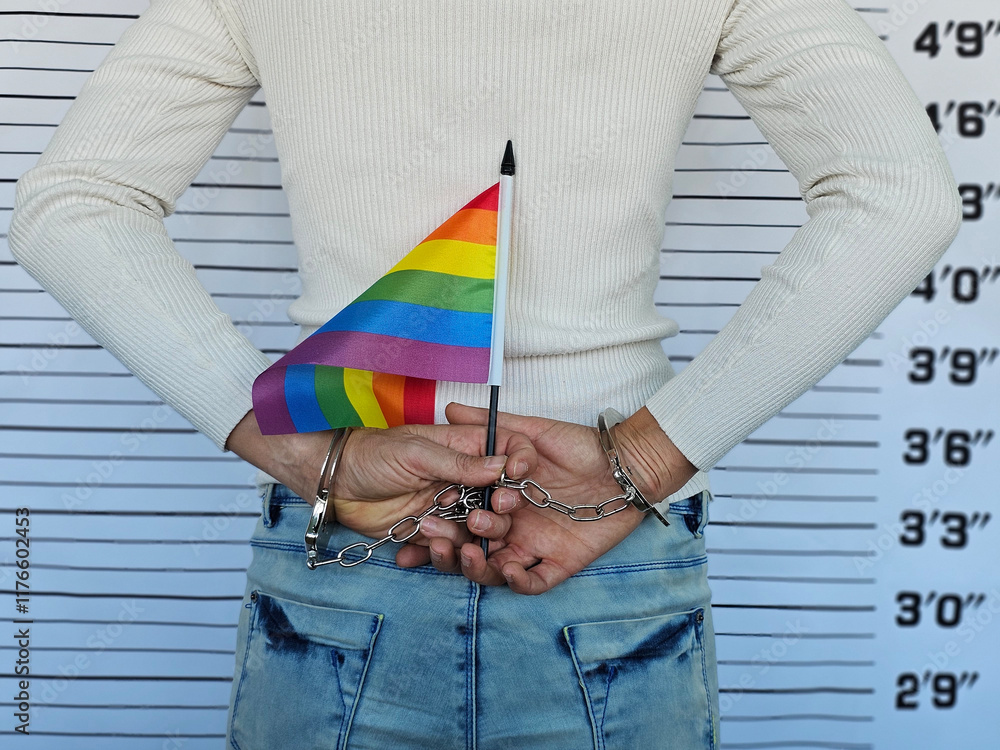 Handcuffed hands holding lgbt flag in police station. Prisoner ...