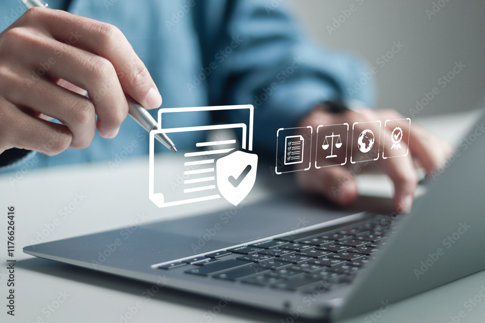 Compliance in business concept. Businessman using laptop with ...