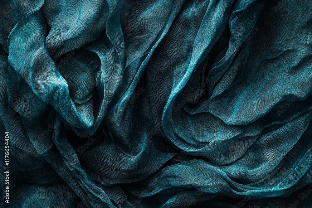 Teal fabric texture, draped and flowing, luxurious silk-like material ...