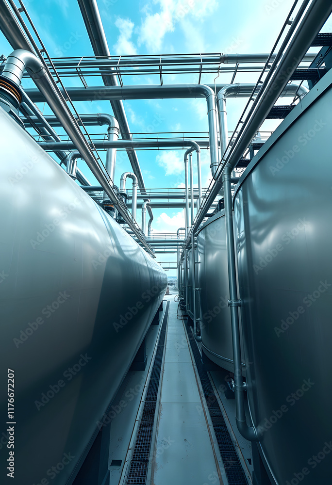 Hydrogen power plant, large steel tanks and pipes, wide angle photo ...