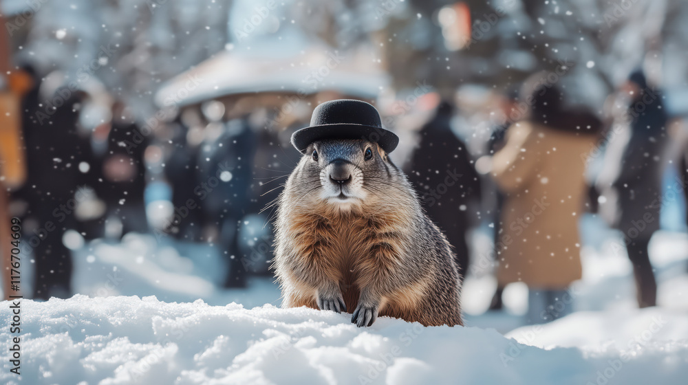Punxsutawney Phil the famous groundhog in black hat, in snow on ...