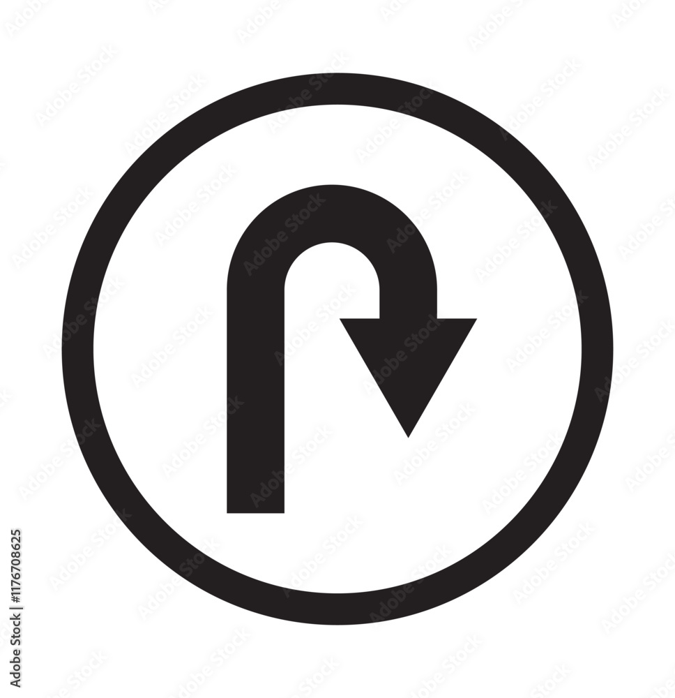 Black return arrow icon, simple go back sign vector u turn shape ...