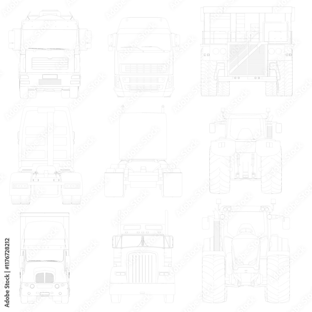 Series of drawings of a truck. The drawings are all different angles ...