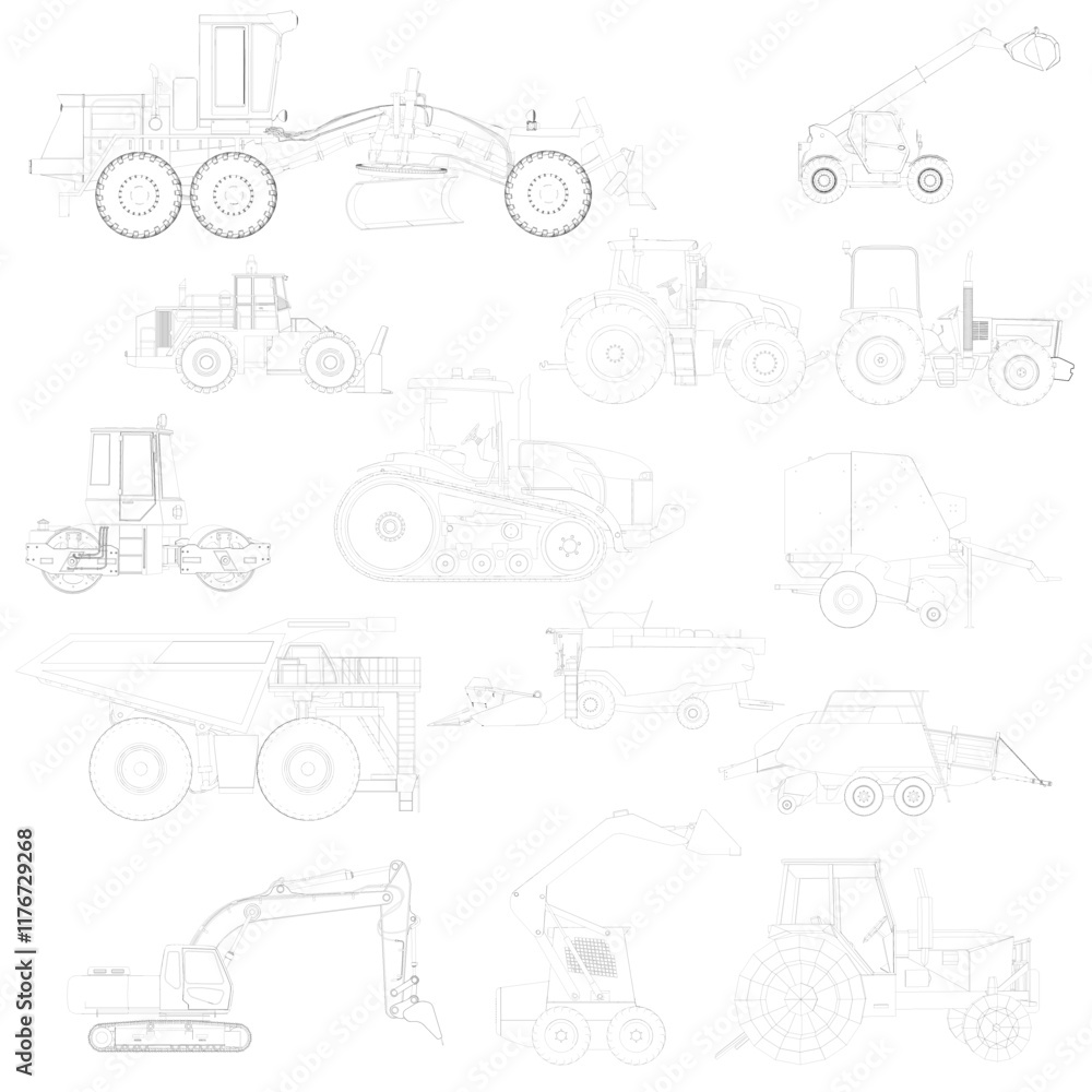 Vector de Stock Collection of drawings of farm equipment. The drawings ...