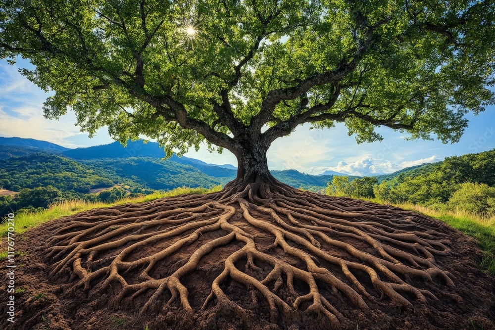 A grand tree stands tall with its complex root system sprawled out ...