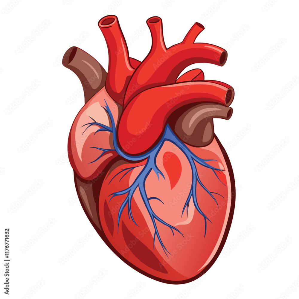 A drawing of a Human heart organ with a blue and red venous system ...