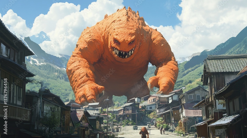 Giant orange monster looms over village. Stock Illustration | Adobe Stock
