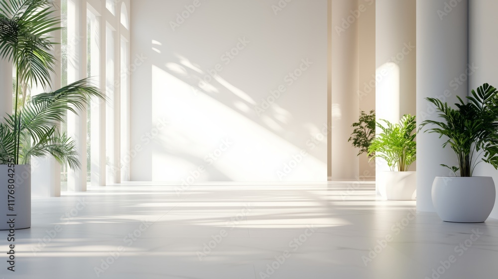 Blank white wall mockup in sunny modern empty gallery, 3d rendering ...