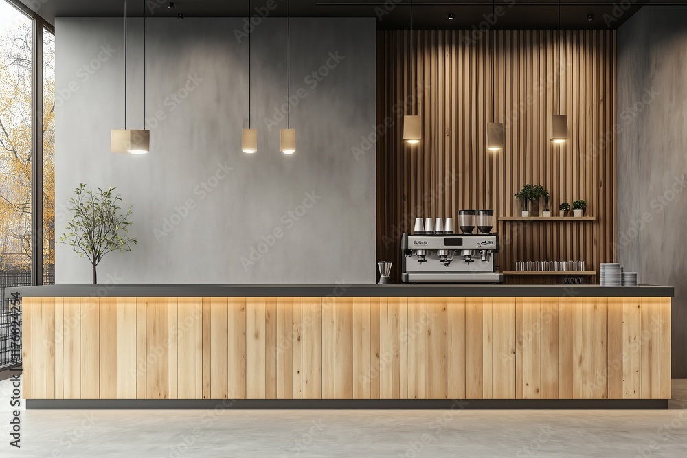 Modern cafe interior with empty wall wooden counter Stock Photo | Adobe ...