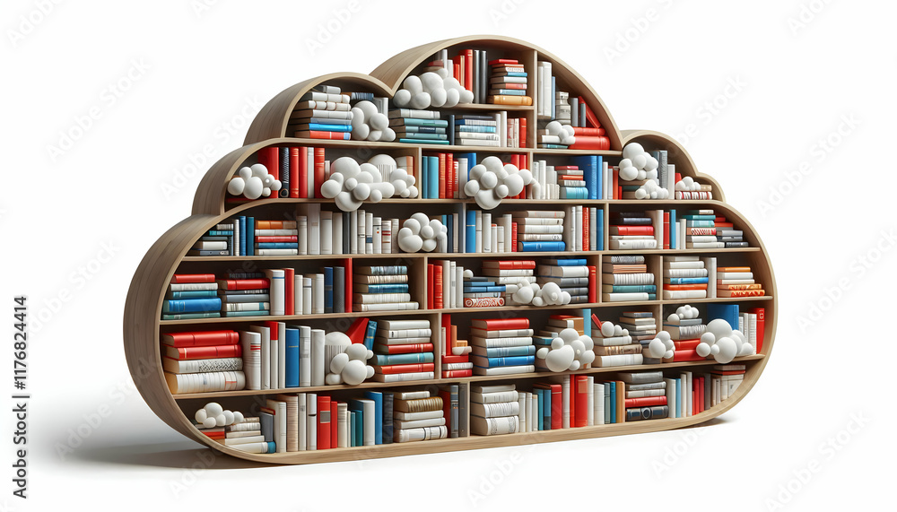 Education A bookshelf shaped like a cloud, filled with books of various ...
