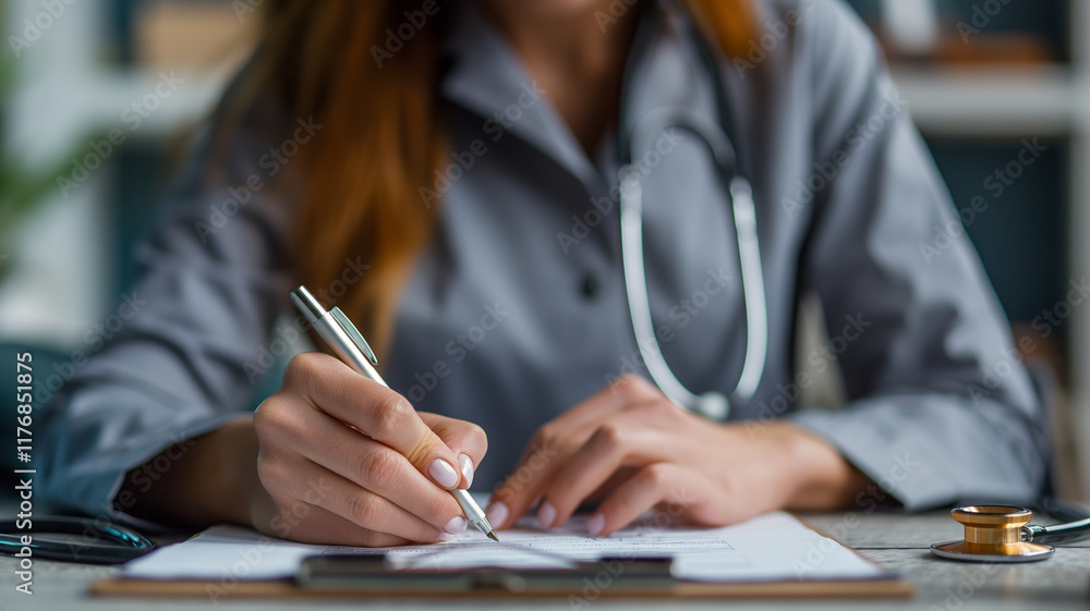 Female doctor writing a report. Physician doing paperwork Stock Photo ...