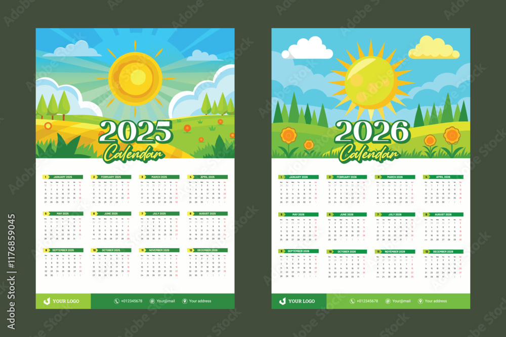 one page calendar design for 2025 and 2026 with sunny days rainbow ...