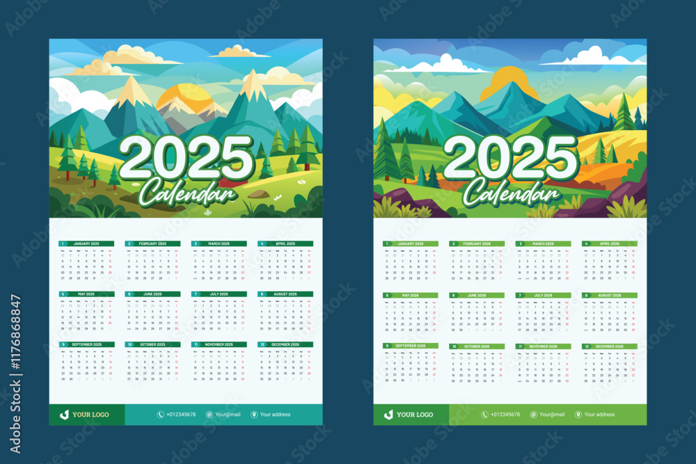 one page calendar design for 2025 and 2026 with hill mountain ...