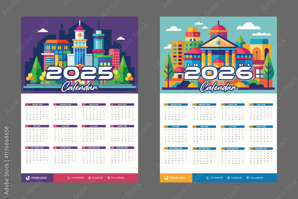 one page wall calendar design for 2025 and 2026 with colorful city ...