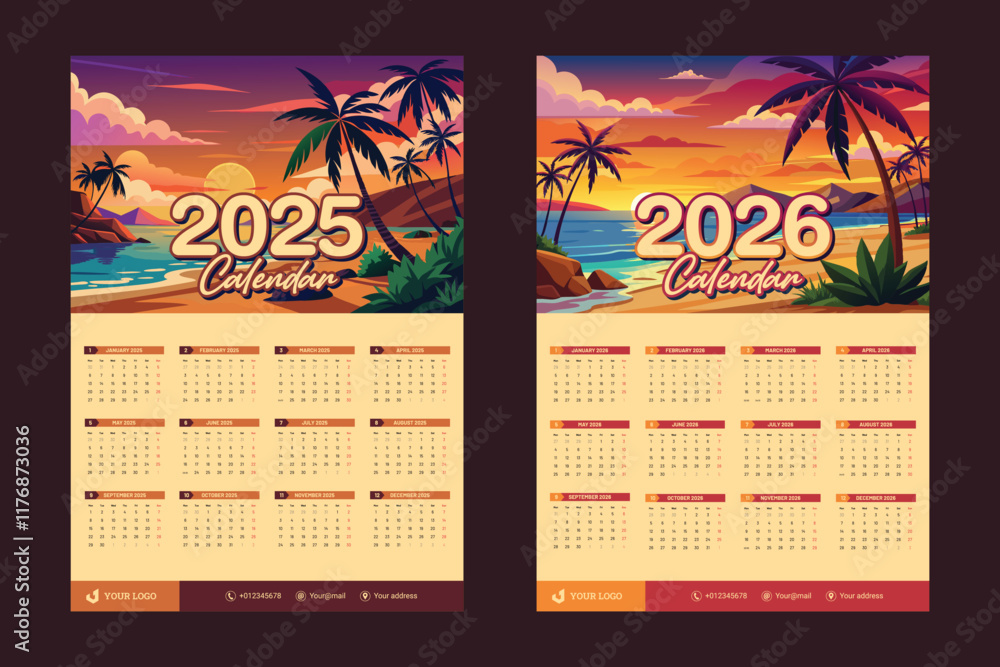 wall calendar design for 2025 and 2026 with beach sunset background ...