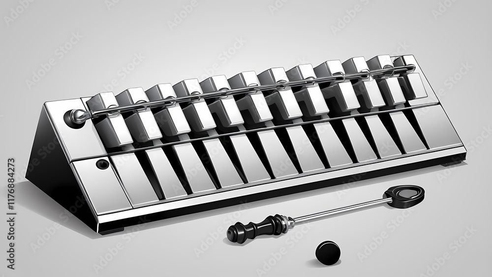 A modern glockenspiel instrument with shiny black and white keys ...
