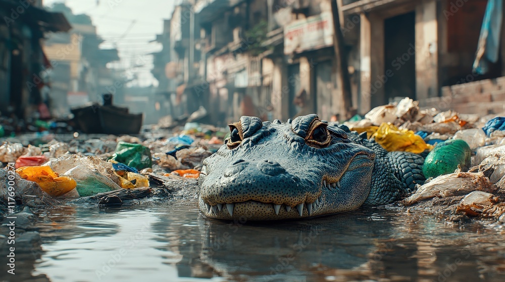 Alligator in polluted water, surrounded by plastic waste in a city ...